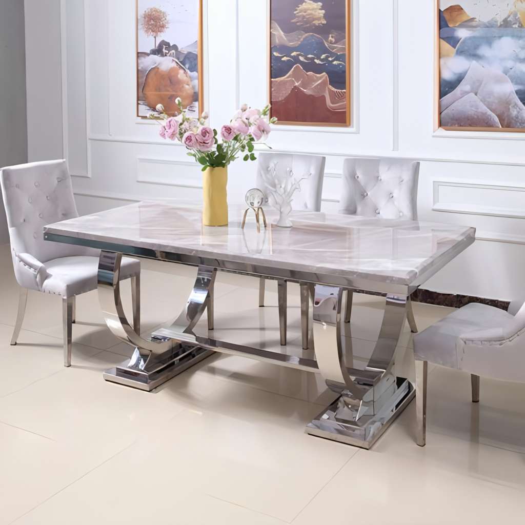 Alina Marble Stone and Silver Chromed Dining Table – Dione Furniture